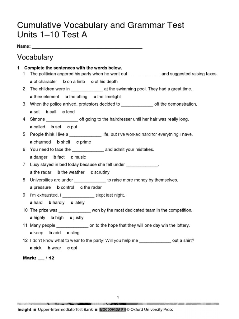 Cumulative Vocabulary & Grammar Test Units 1-10 Test A PDF | PDF