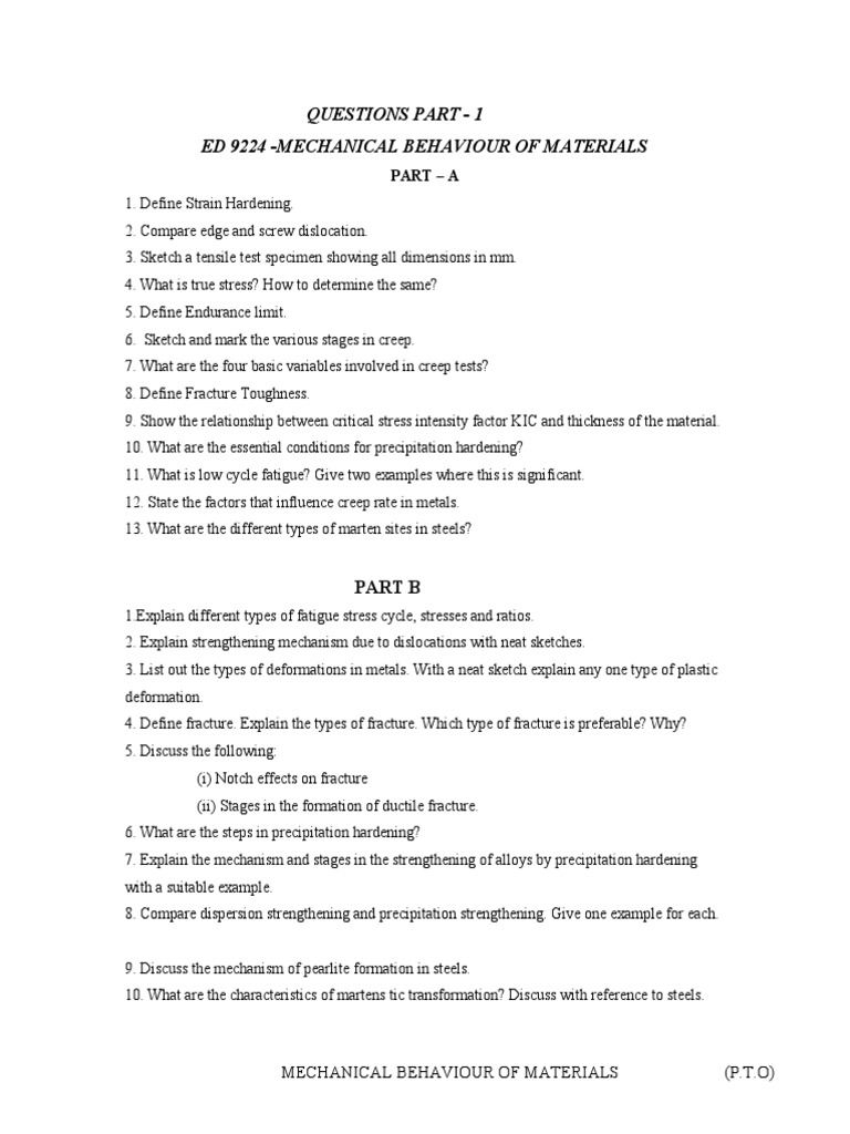 Mechanical Behaviour of Materials Questions PART 1 | PDF | Fracture ...