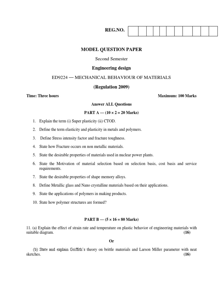 Mechanical Behaviour of Materials Model Question Paper PDF | PDF ...