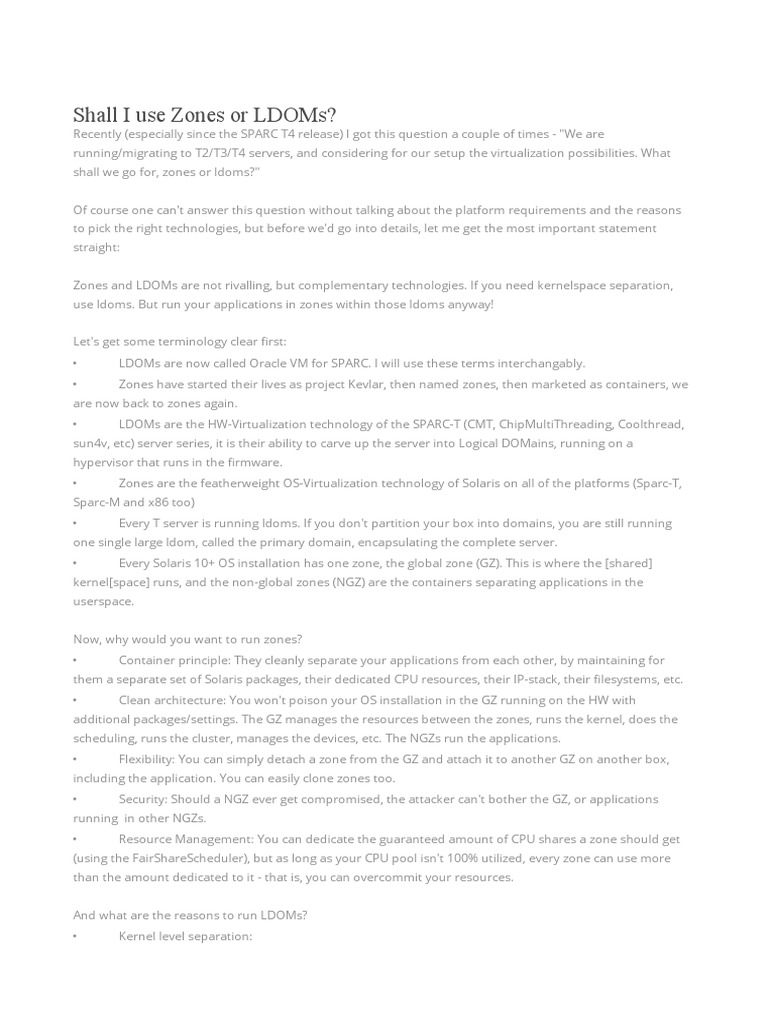 Zones vs LDOMs: SPARC Virtualization Guide | PDF | Computer Architecture | Computing