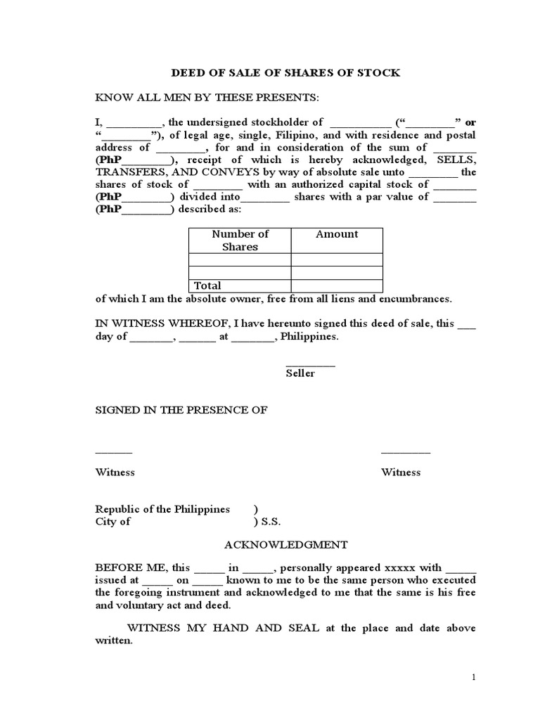Deed of Sale of Shares of Stock | PDF