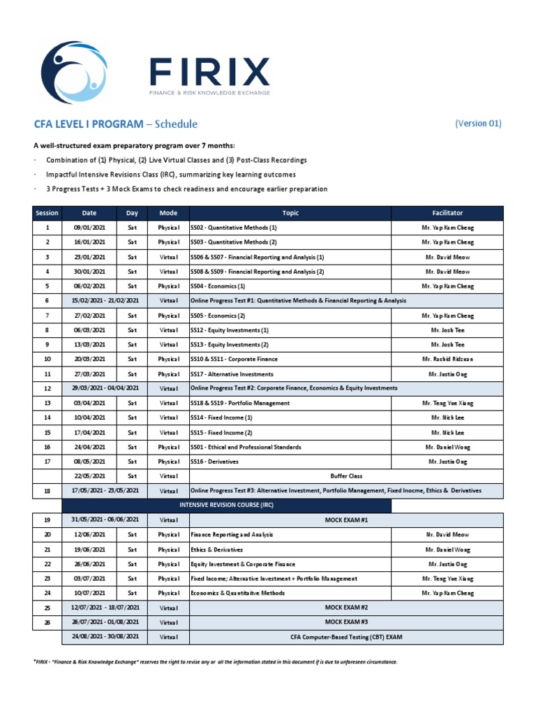 CFA Level I - Timetable (August 2021 Exam) | PDF | Financial Economics ...
