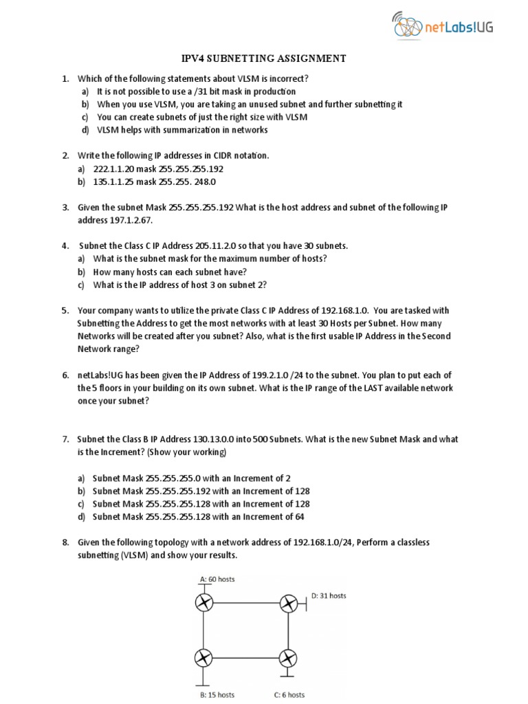 Ipv4 Subnetting Assignment | PDF | Computers