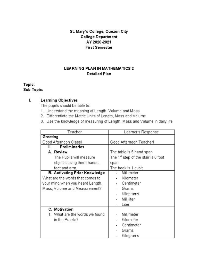St. Mary's College Math 2 Lesson Plan | PDF | Litre | Measurement