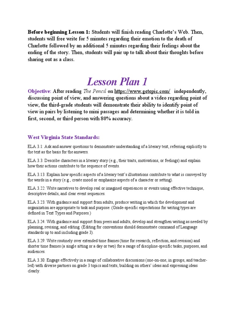 Lesson Plan 1: Before Beginning Lesson 1: Students Will Finish Reading ...