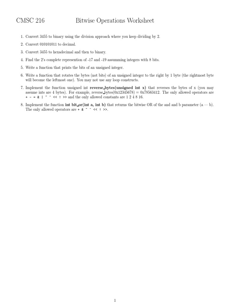 CMSC 216 Bitwise Operations Worksheet | PDF