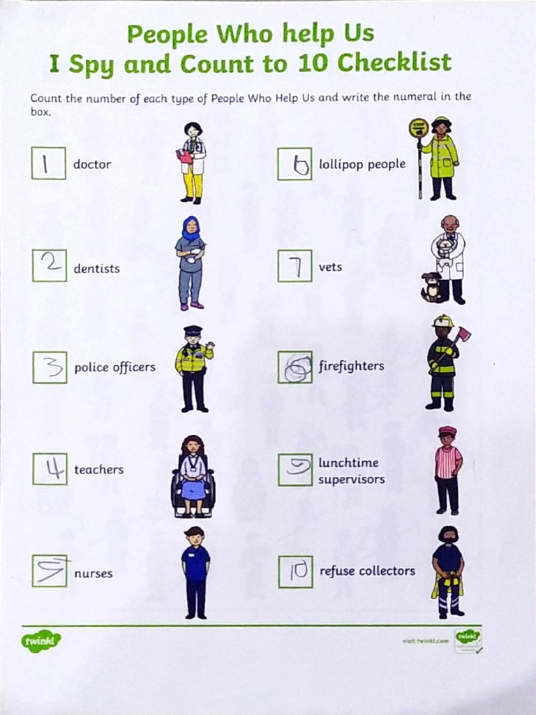 I Spy and Count To 10 Checklist: People Who Help Us | PDF