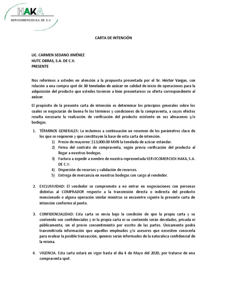 Ejemplo de Carta de Intención de Compra | PDF | Precios | Oferta (economía)