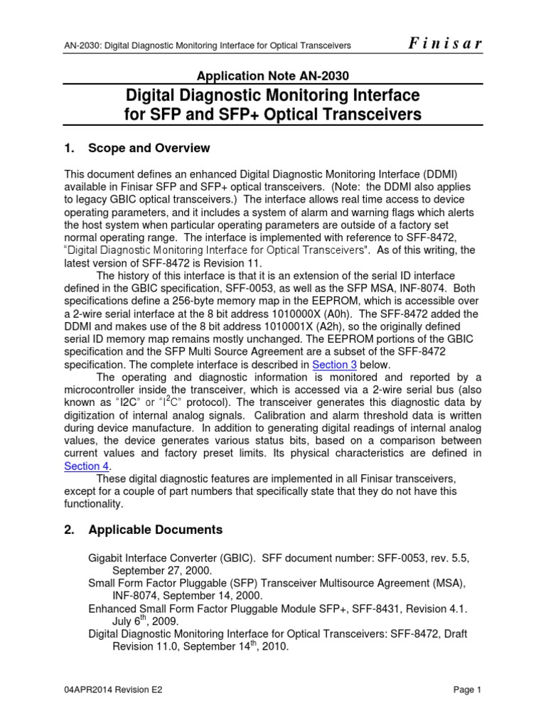 Digital Diagnostic Monitoring Interface For SFP and SFP+ Optical ...