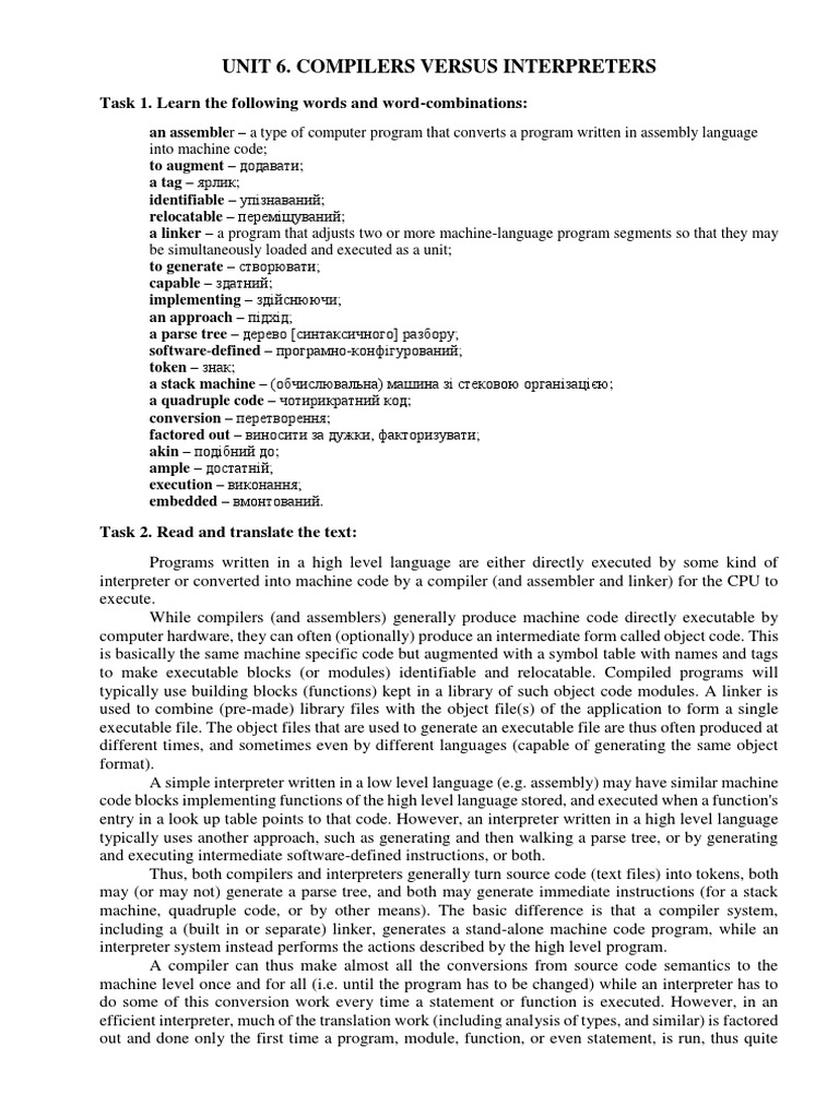 Unit 6. Compilers Versus Interpreters: Task 1. Learn The Following ...