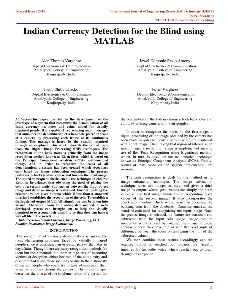 Indian Currency Detection For The Blind Using Matlab IJERTCONV3IS05034 ...