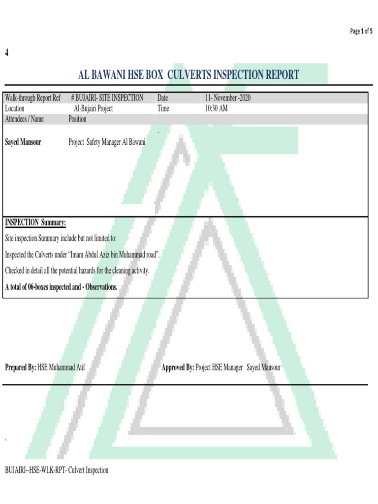 Al Bawani Hse Box Culverts Inspection Report: Sayed Mansour | PDF ...