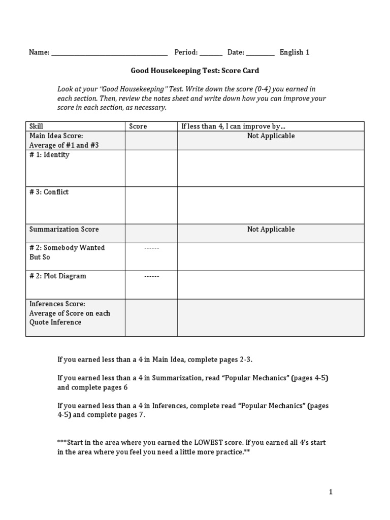 Good Housekeeping Test Score Card | PDF