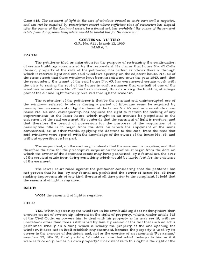 Case #18. The Easement of Light in The Case of Windows Opened in One's ...