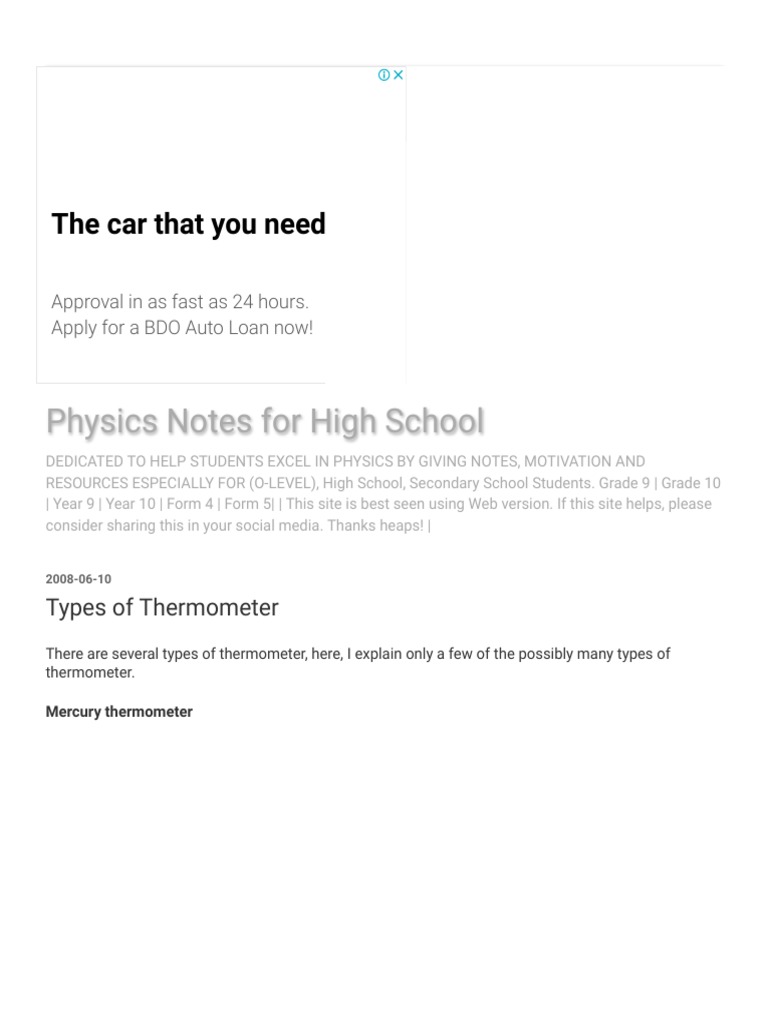 Physics Notes For High School - Types of Thermometer | Download Free ...