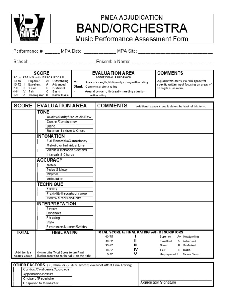 Band/Orchestra: Music Performance Assessment Form | PDF | Rhythm ...