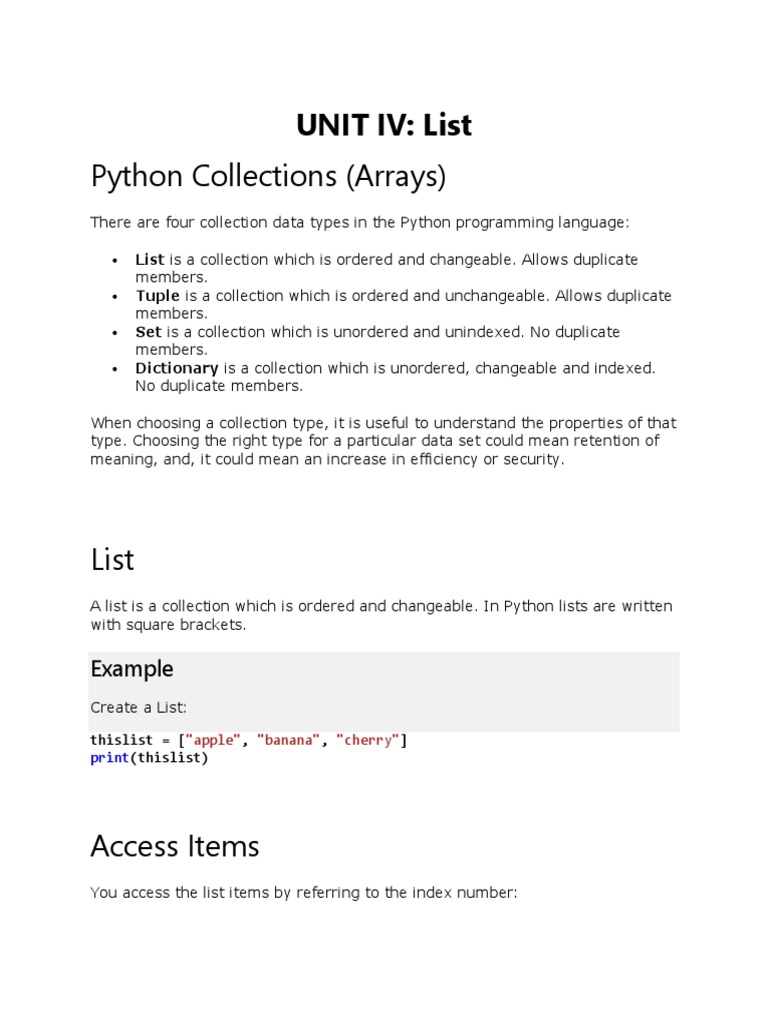 Unit Iv: List Python Collections (Arrays) : Example | PDF | Time Complexity | Computational ...