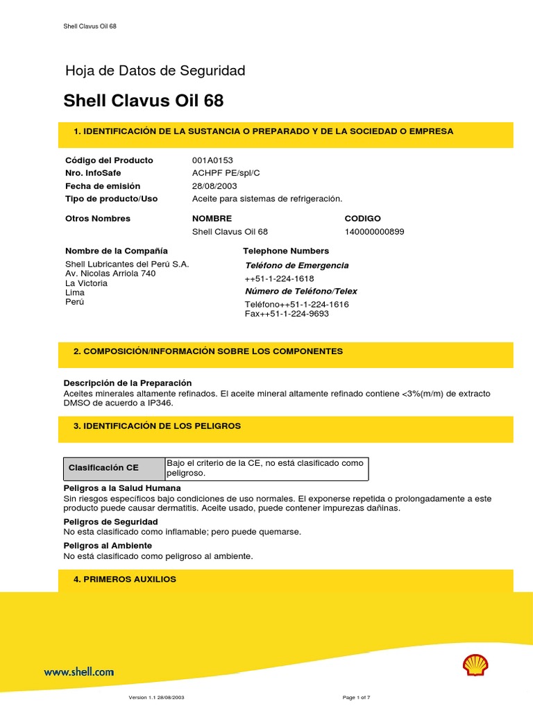 Hoja de Seguridad Shell Clavus Oil 68 | PDF | Toxicidad | Agua