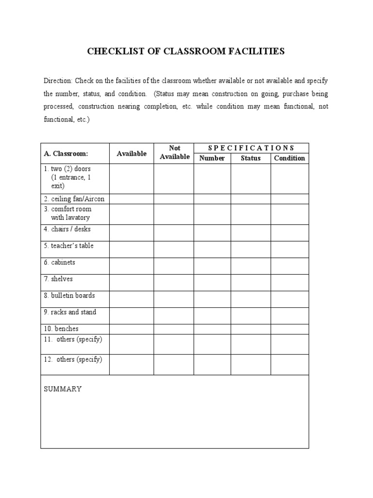 Checklist of Classroom Facilities | PDF