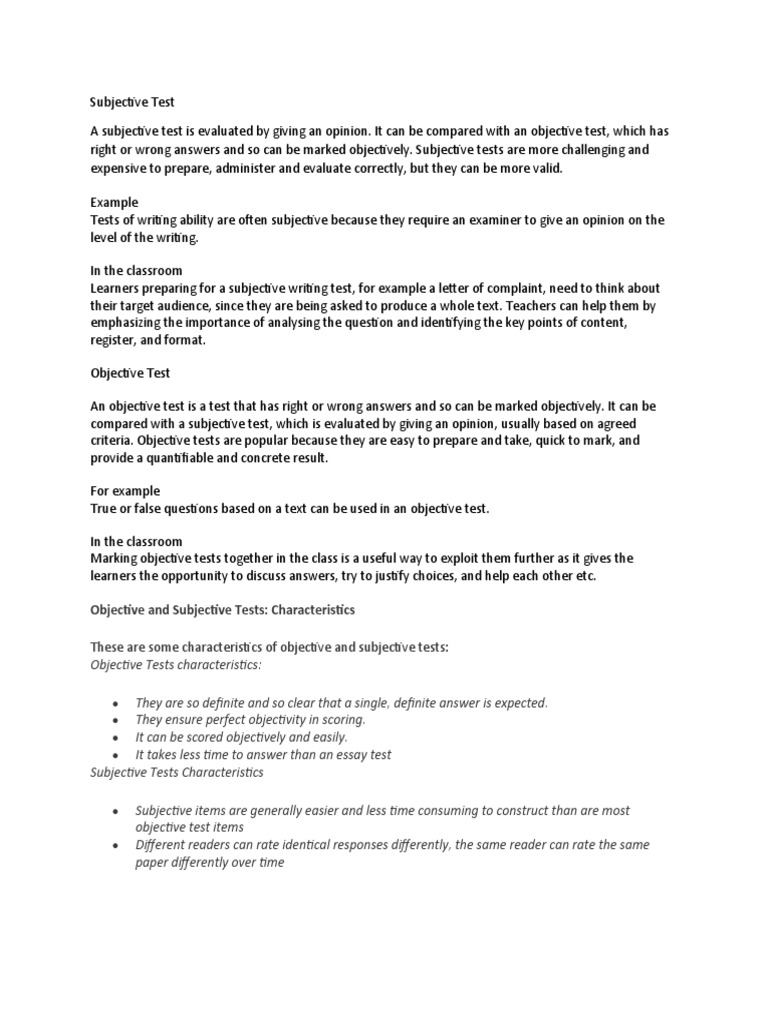 These Are Some Characteristics of Objective and Subjective Tests | PDF ...
