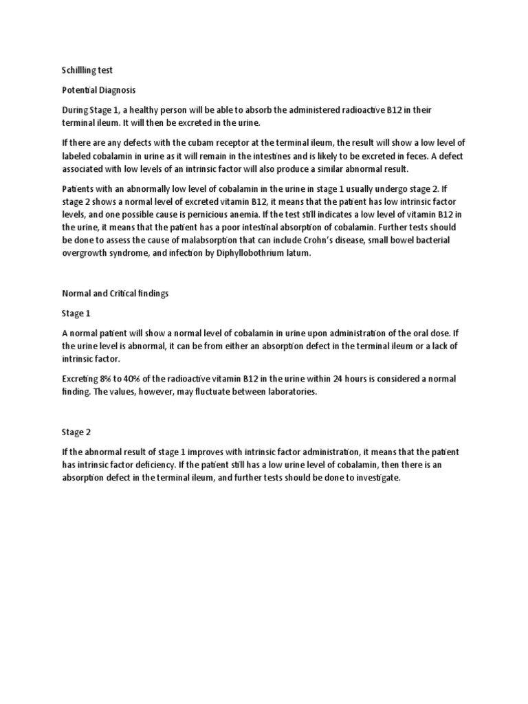 Schilling Test Interpretation | PDF | Vitamin B12 | Diseases And Disorders