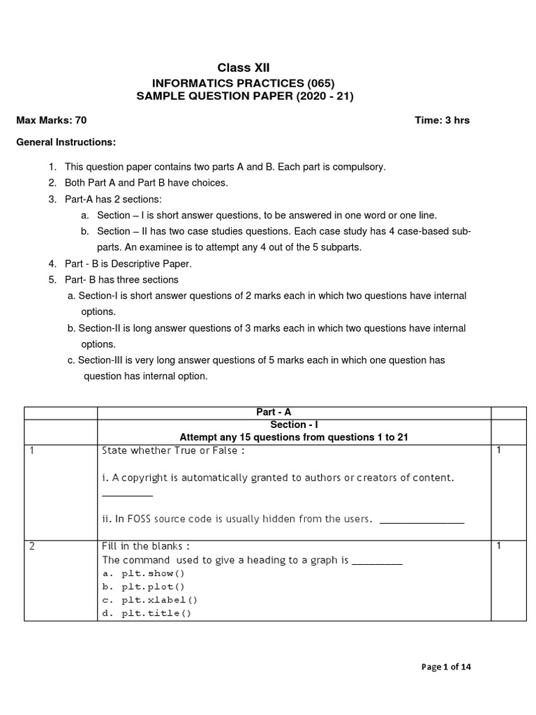 Class XII: Informatics Practices (065) Sample Question Paper (2020 - 21 ...