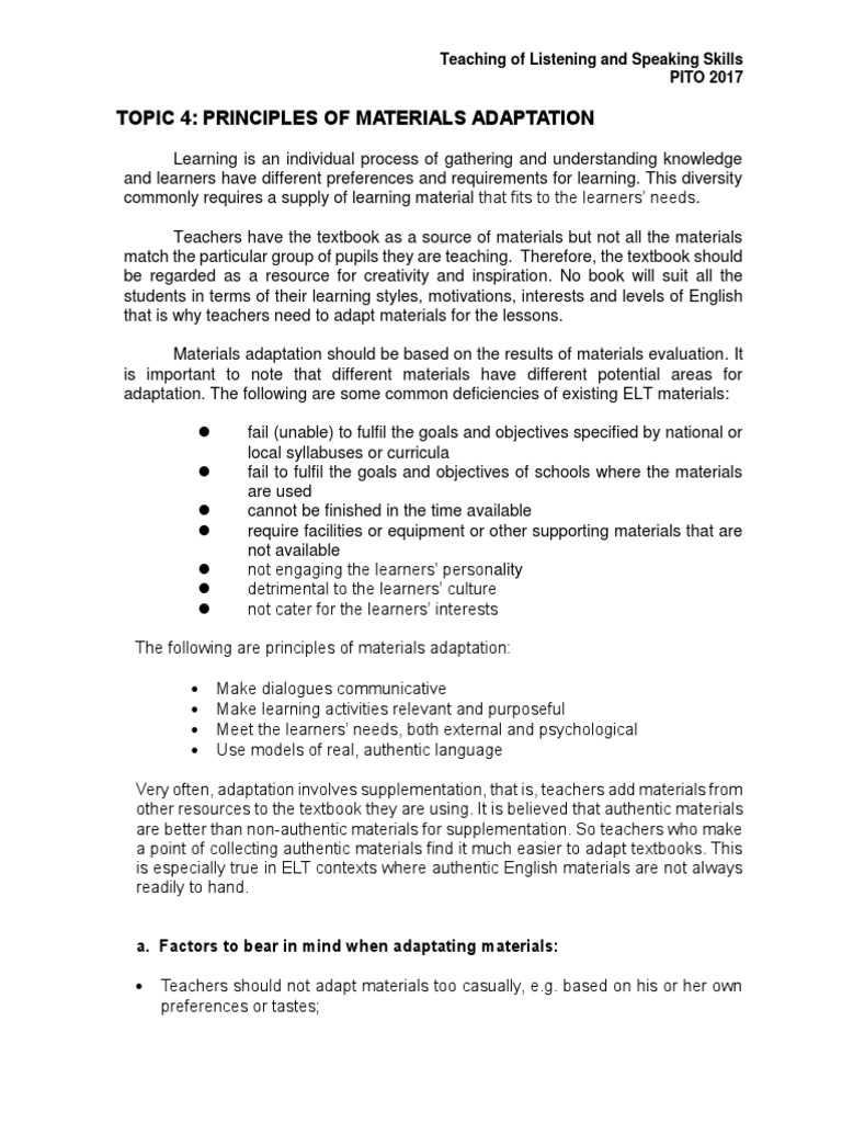 TOPIC 4 Materials Adaptation | PDF | Textbook | Learning