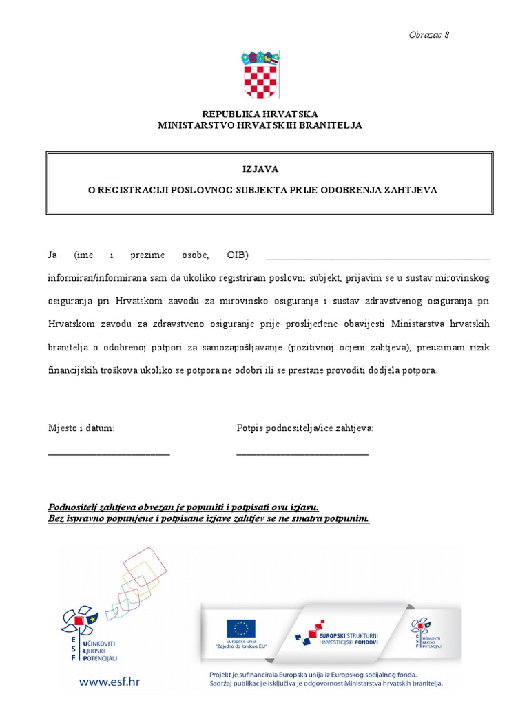 Izjava o Registraciji Poslovnog Subjekta Prije Odobrenja Zahtjeva ...