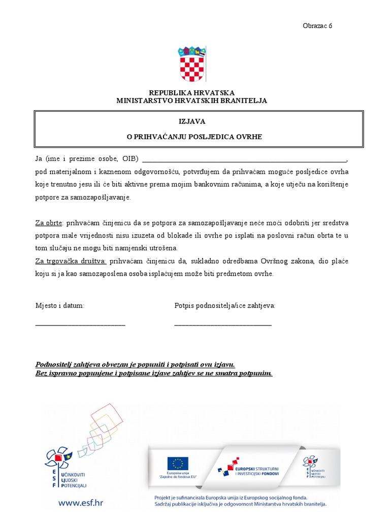 Izjava o Prihvaćanju Posljedica Ovrhe (Obrazac 6) - Samozapošljavanje ...