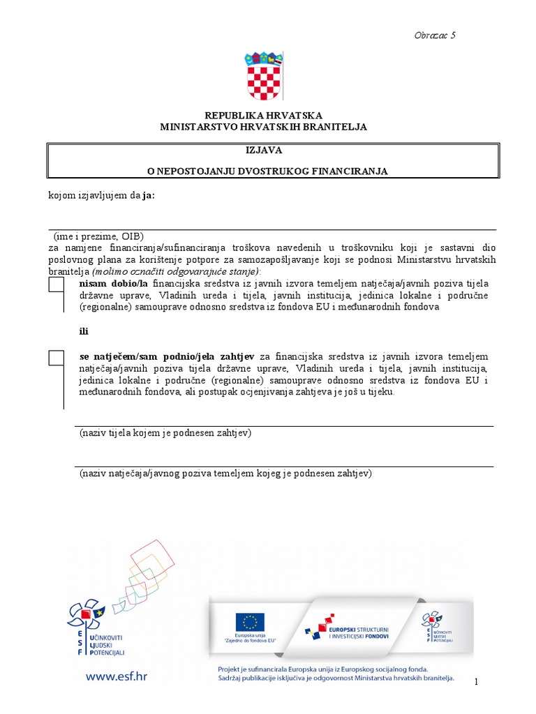 Izjava o Nepostojanju Dvostrukog Financiranja (Obrazac 5 ...