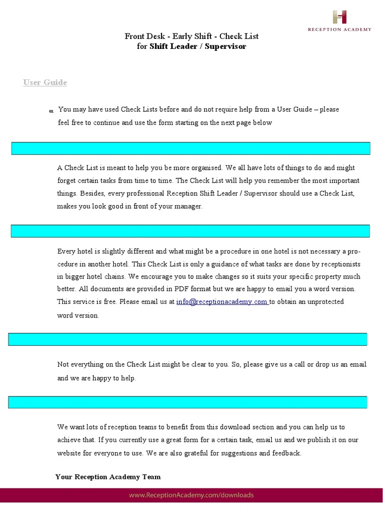 Front Desk Shift Leader Checklist | PDF | Business