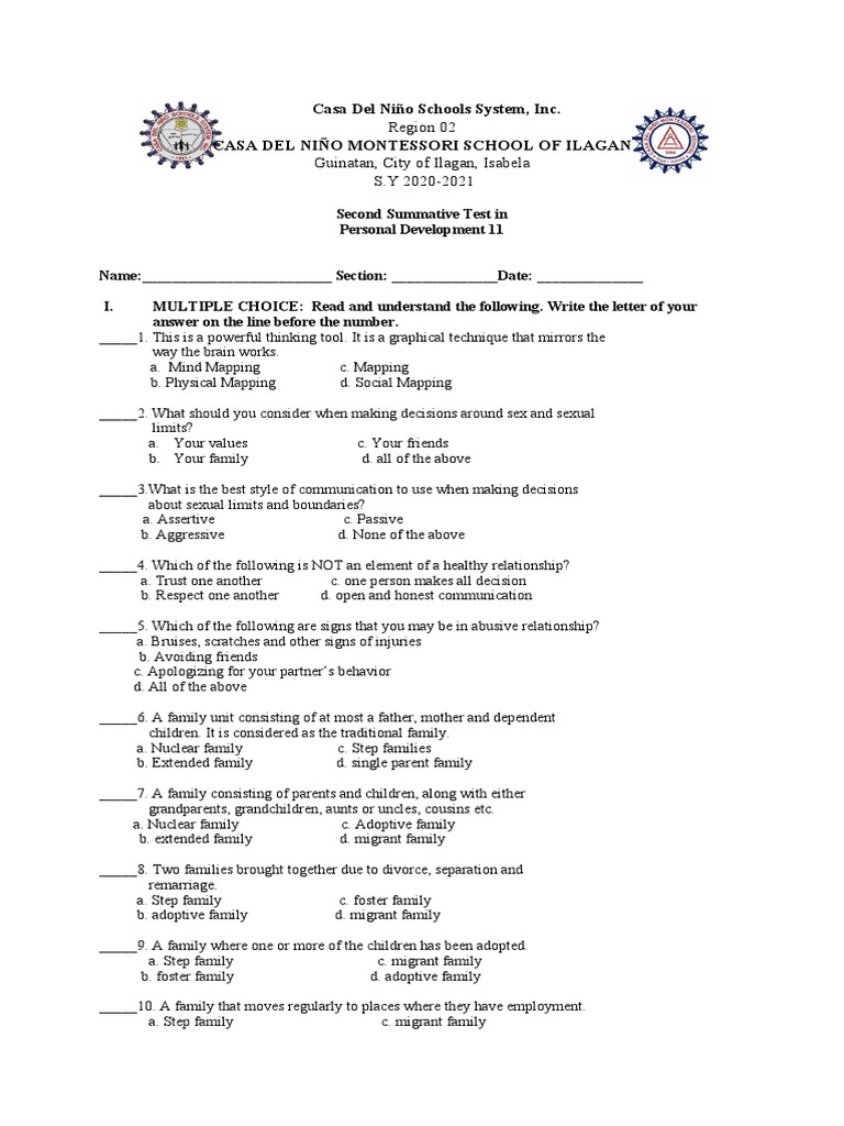 2nd Quarter Exam in Personal Development | PDF | Family | Behavioural ...