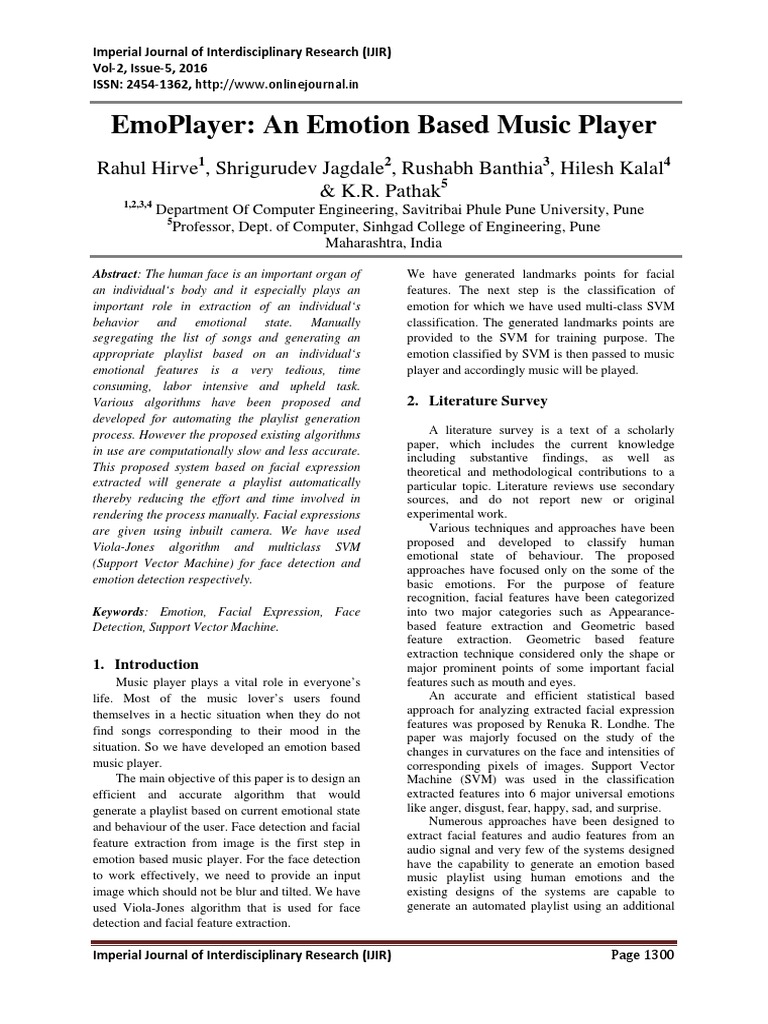 Emoplayer: An Emotion Based Music Player | PDF | Statistical ...