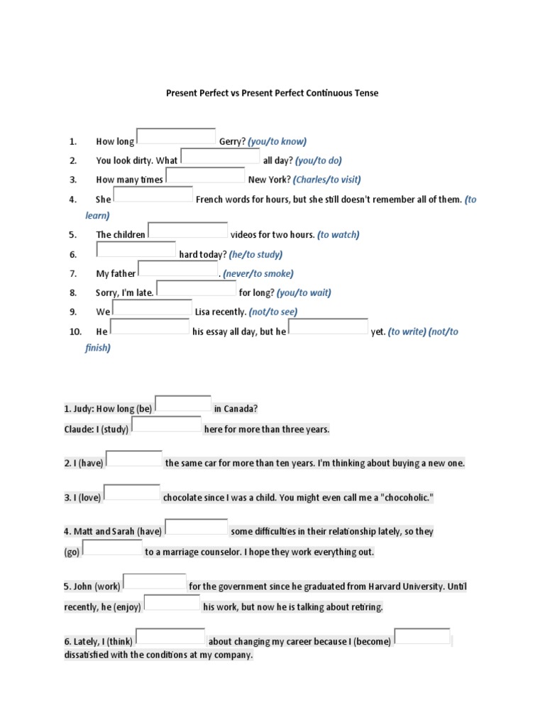 Present Perfect vs Continuous Exercises | PDF | Language Arts ...