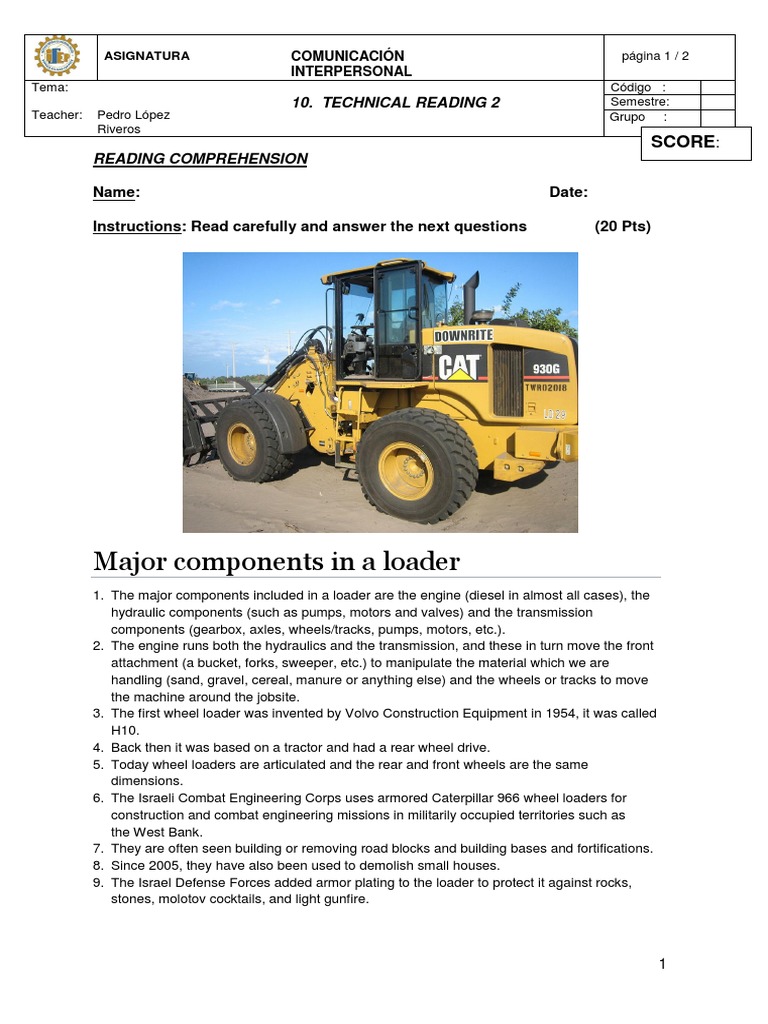 Major Components in A Loader: Name: Date: Instructions: Read Carefully ...