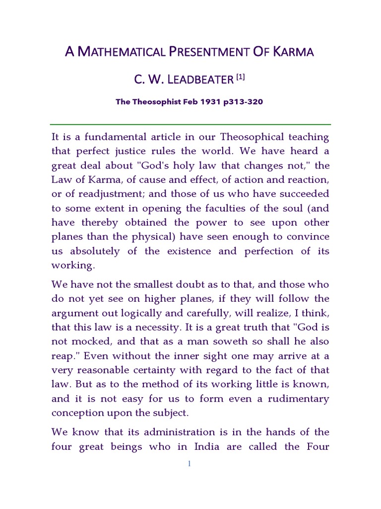 Leadbeater, CW - A Mathematical Presentment of Karma (The Theosophist ...