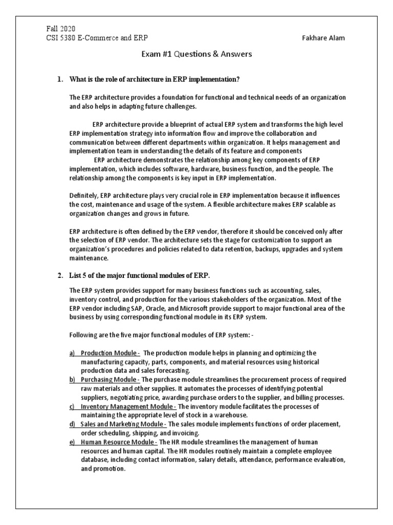 FA Exam 1 Answers | PDF | Enterprise Resource Planning | Cloud Computing