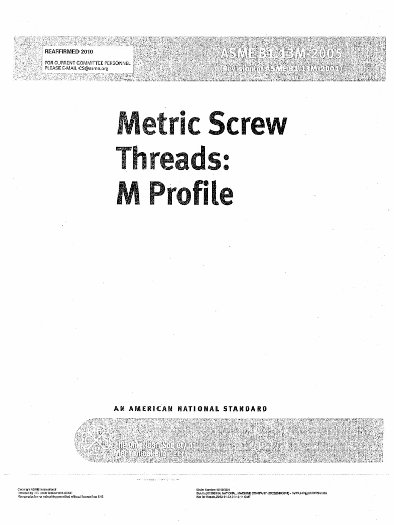 ASME B1.13M - 2005 (Reaffirmed 2010) PDF | PDF | Screw | Building Materials