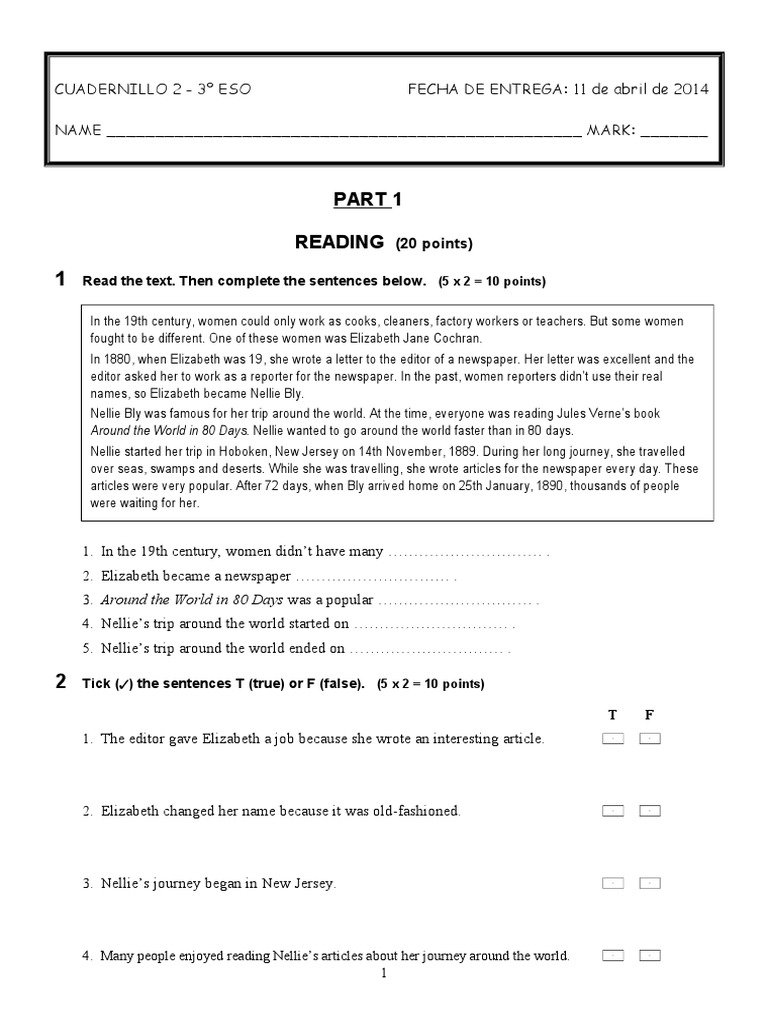Reading: Read The Text. Then Complete The Sentences Below | PDF