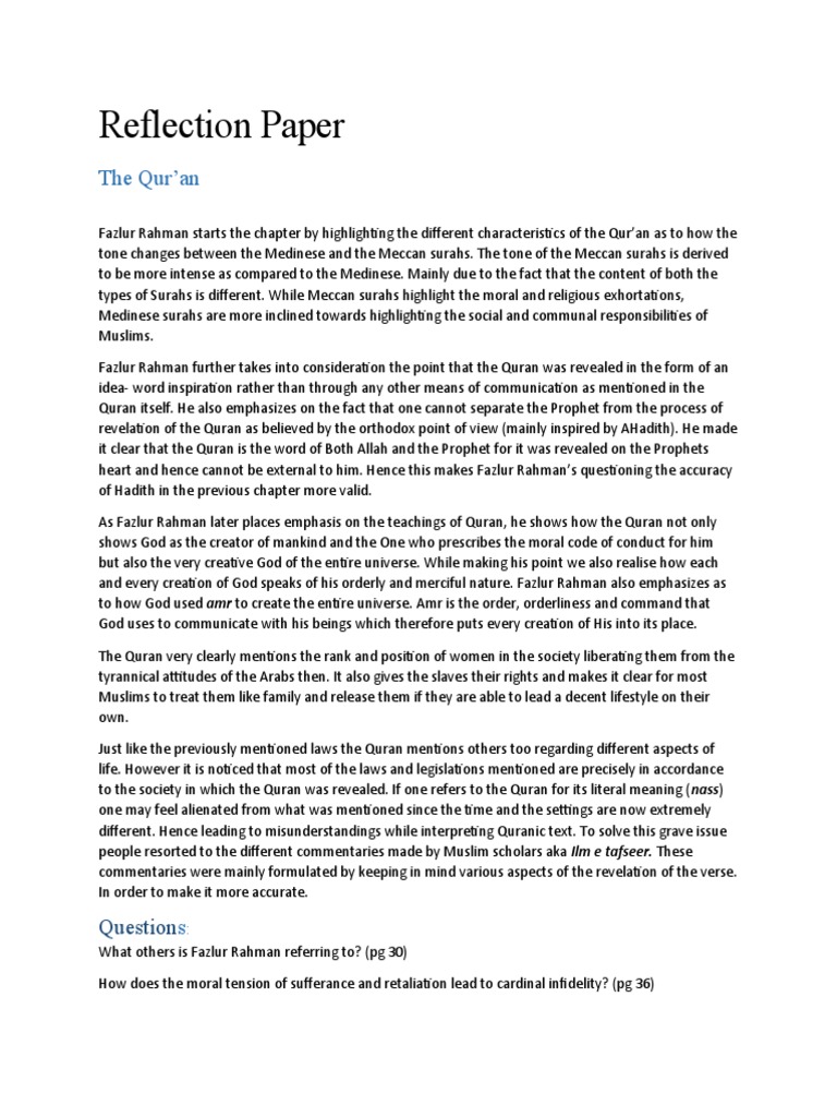 Reflection Paper The Quran | PDF | Surah | Quran