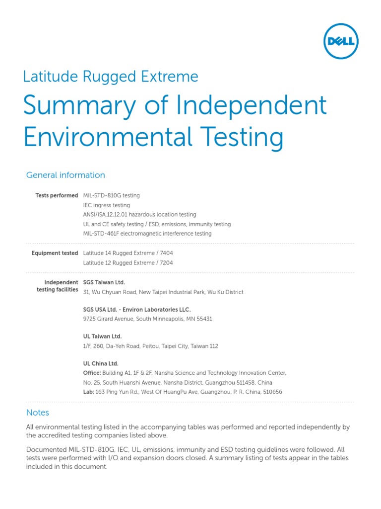 Summary of Independent Environmental Testing: Latitude Rugged Extreme ...
