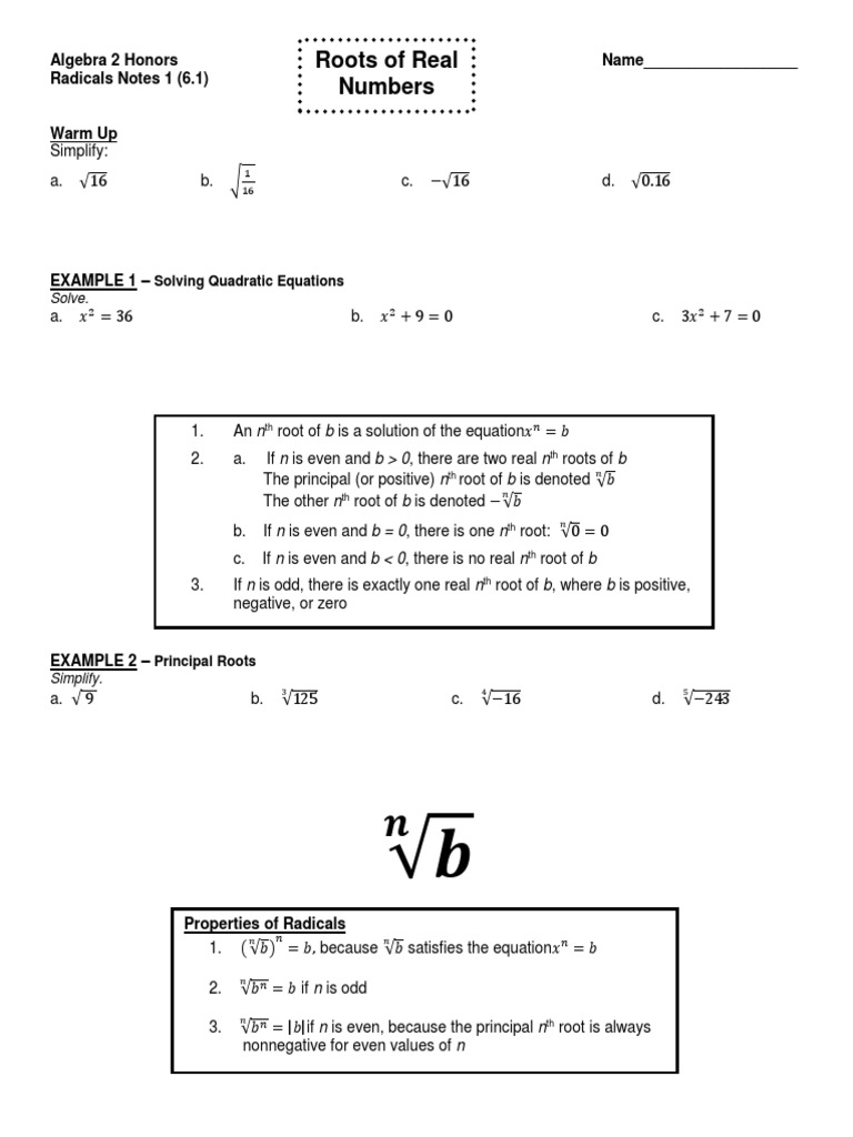 Roots of Real Numbers: Algebra 2 Honors Name - Radicals Notes 1 (6.1 ...
