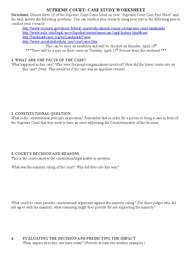 Supreme Court: Case Study Worksheet: TH TH | PDF