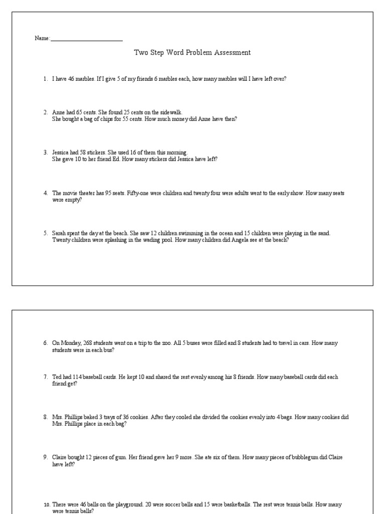 Two Step Word Problem Assessment | PDF | Sports & Recreation