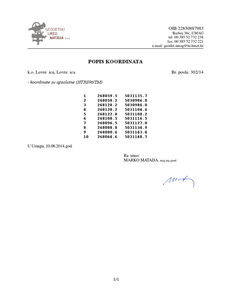 Popis Koordinata: - Koordinate Su Apsolutne (HTRS96/TM) | PDF
