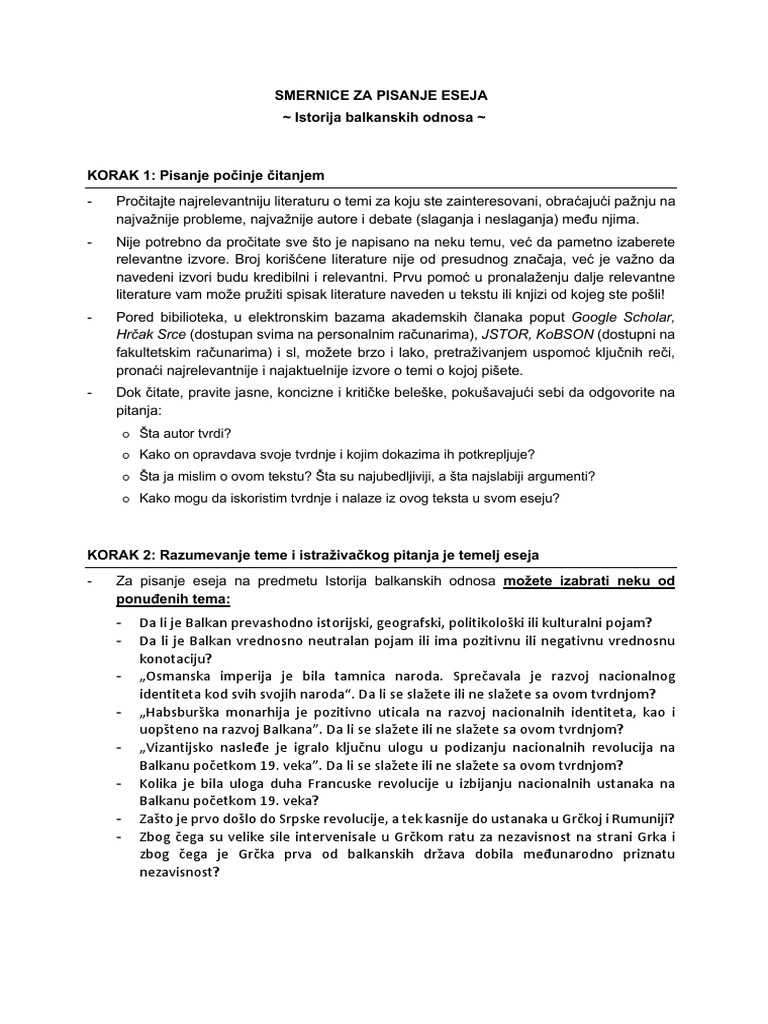 Istorija Balkanskih Odnosa - Saveti Za Pisanje Eseja | PDF