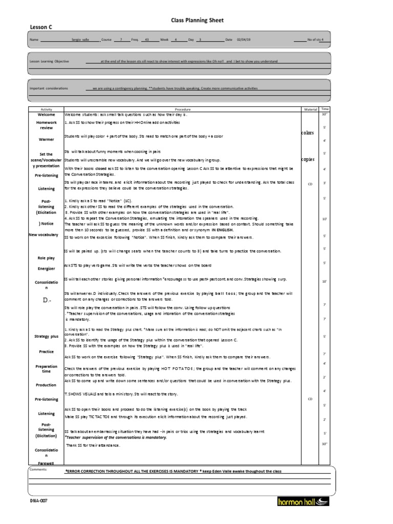 Lesson C Class Planning Sheet: Colors | PDF | Vocabulary | Conversation
