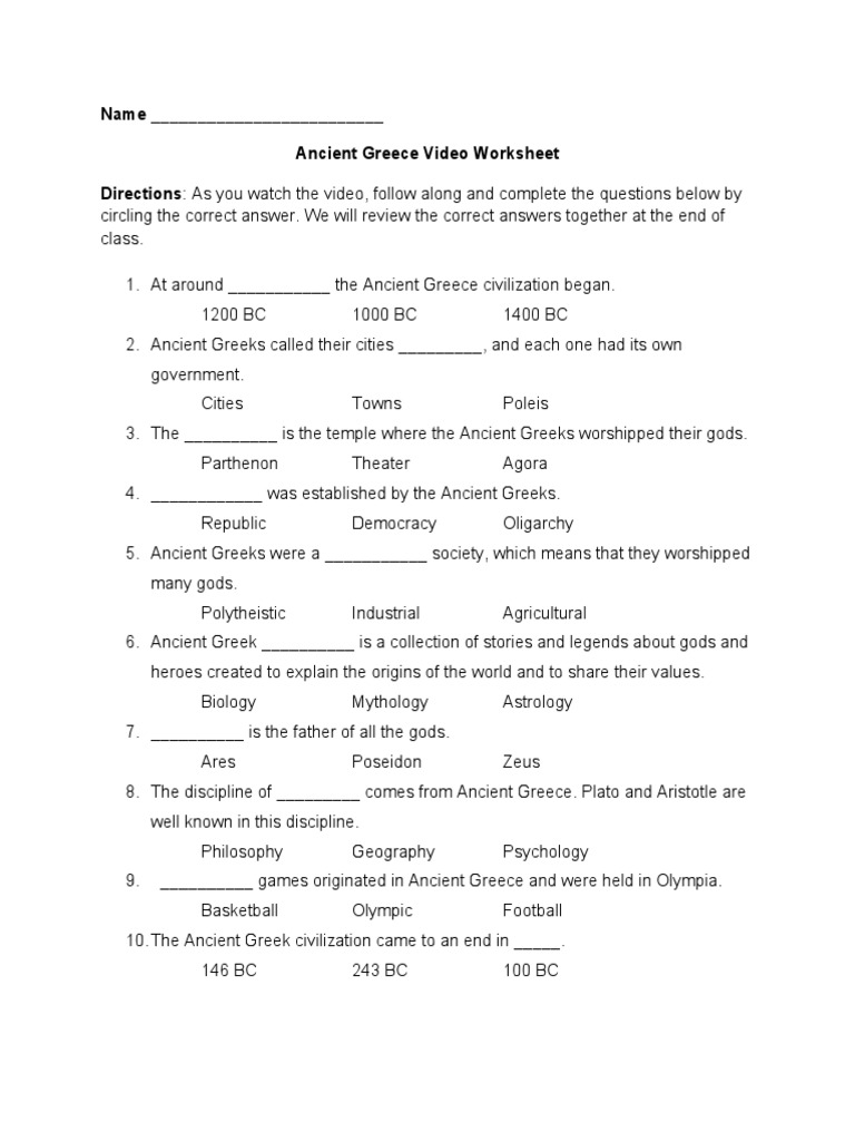Ancient Greece Video Worksheet | PDF | Social Science | Philosophy