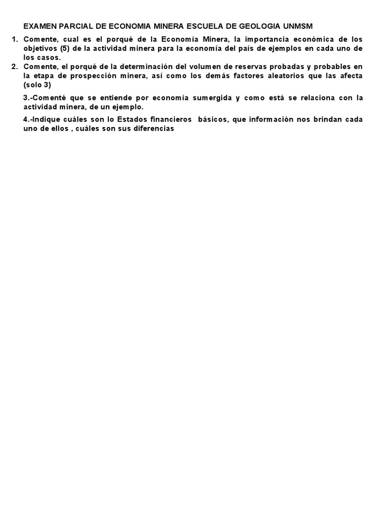 Examen Parcial de Economia Minera Unmsm | PDF