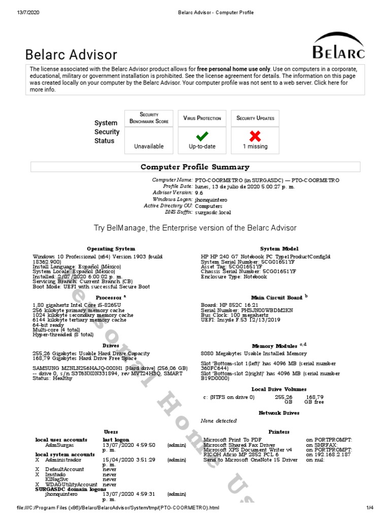 P Er So N Al H o M e U S: Belarc Advisor | PDF | Windows 10 | Microsoft ...